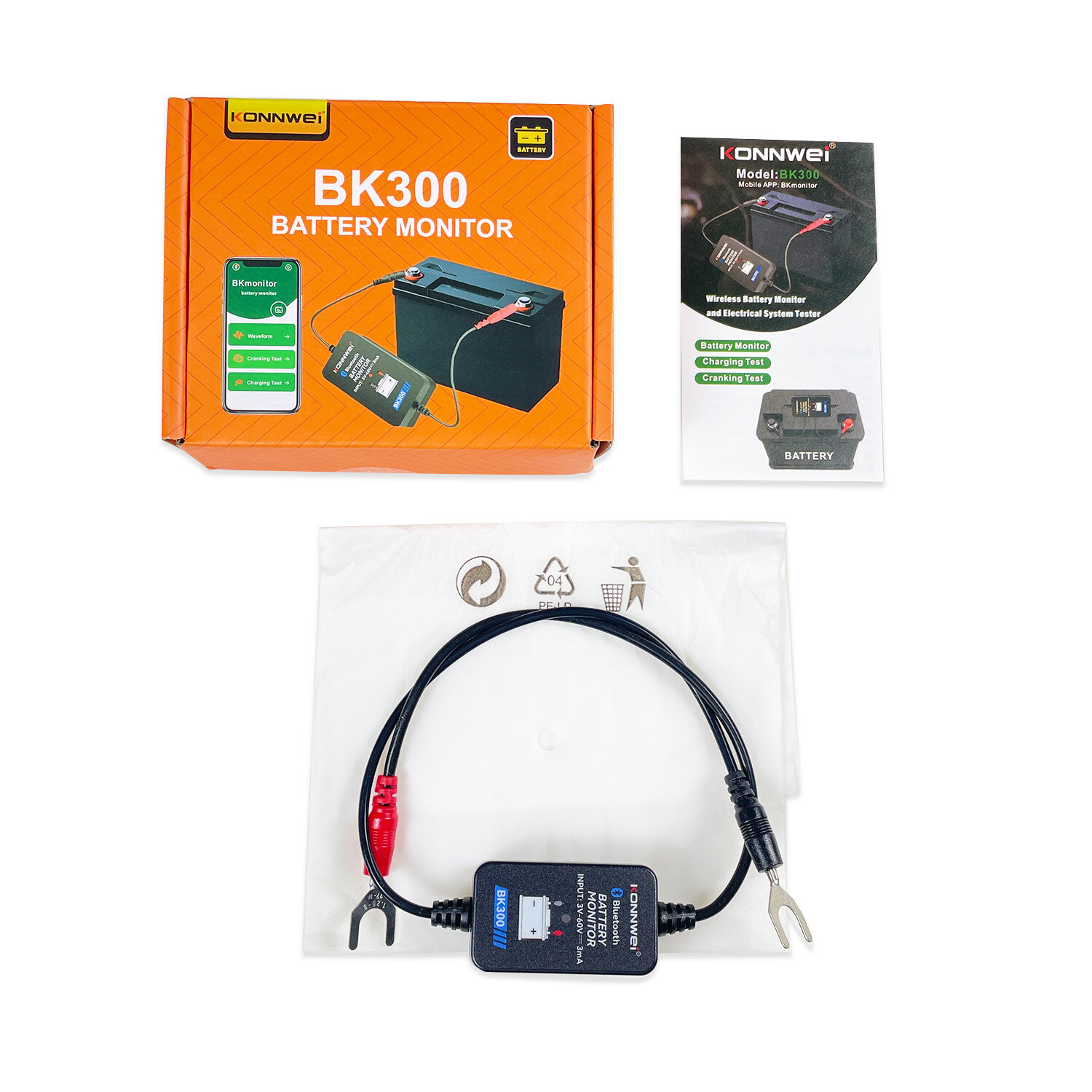 Тестер аккумулятора Konnwei BK300 Bluetooth 5.0 — мониторинг напряжения 3–60В, оповещения на смартфон, для 12В/24В
