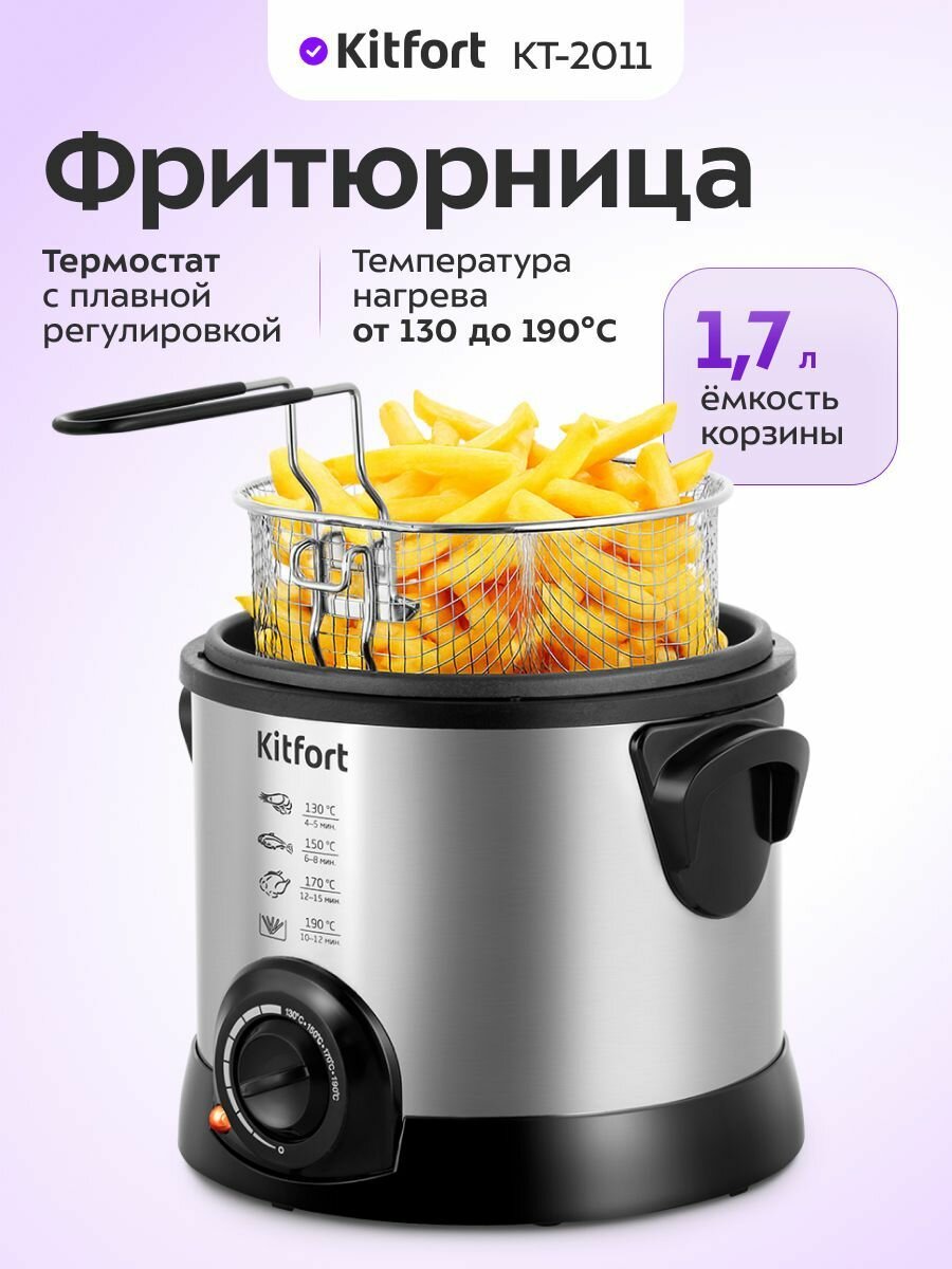 Kitfort КТ-2011 Фритюрница, 1,7 л, серый металлик