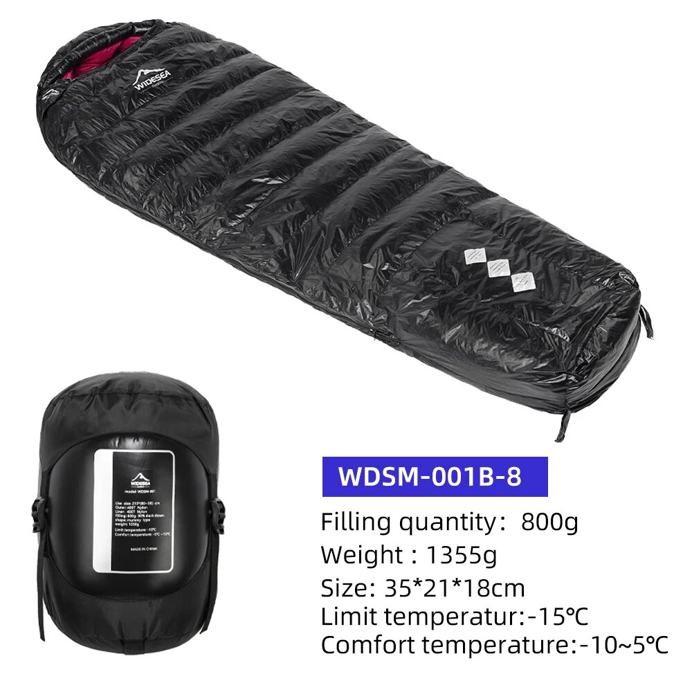 Пуховый спальник Widesea 800g, черный, -15°C