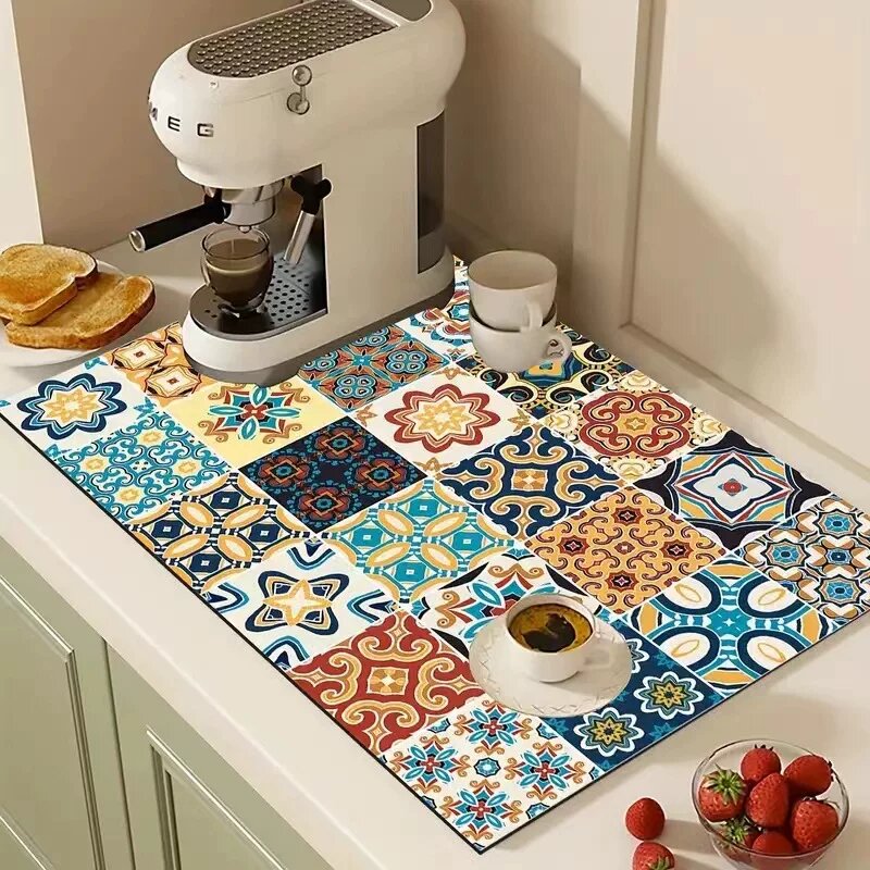 Кухонная подставка для высыхания - Оранжевая цветная плитка, 40x60 см, поглощающая нескользящая подкладка для столешницы