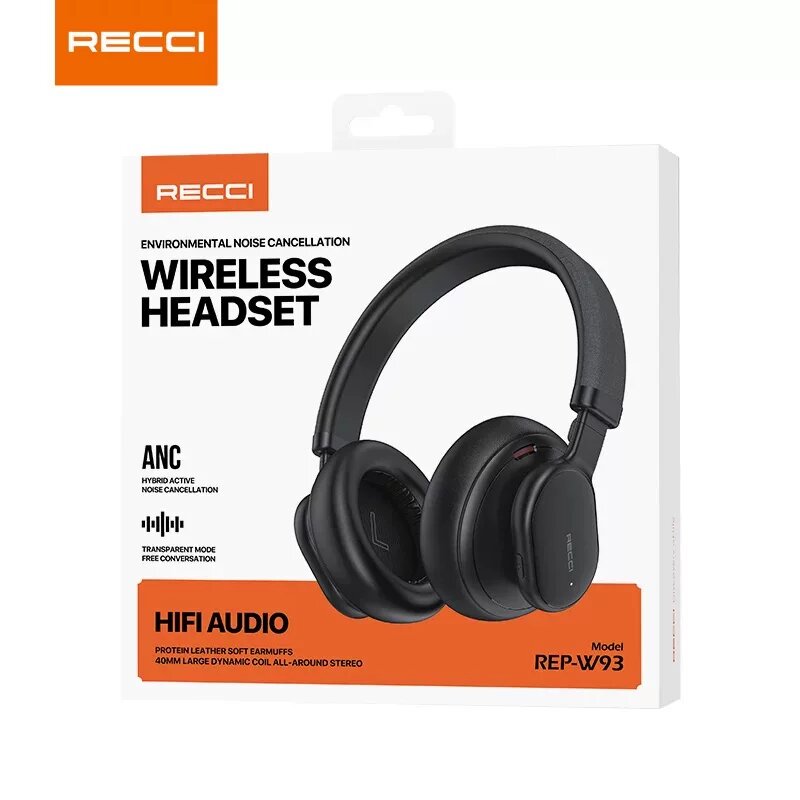 RECCI REP-W93 Беспроводные наушники с активным шумоподавлением (ANC), черные, длительное время автономной работы для