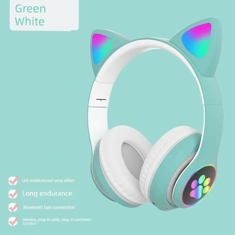 Bluetooth-гарнитура для игр с подсветкой кошачьих ушей, наушники для девочек в зелено-белом цвете
