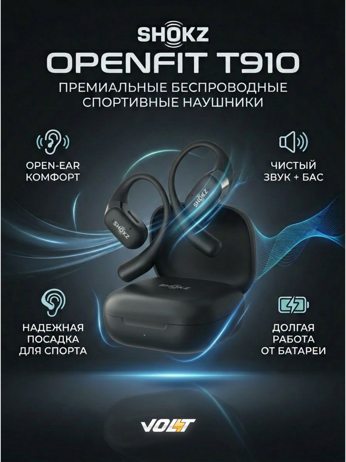 Беспроводные наушники Shokz OpenFit Black (технология DirectPitch | система шумоподавления | управление касанием)