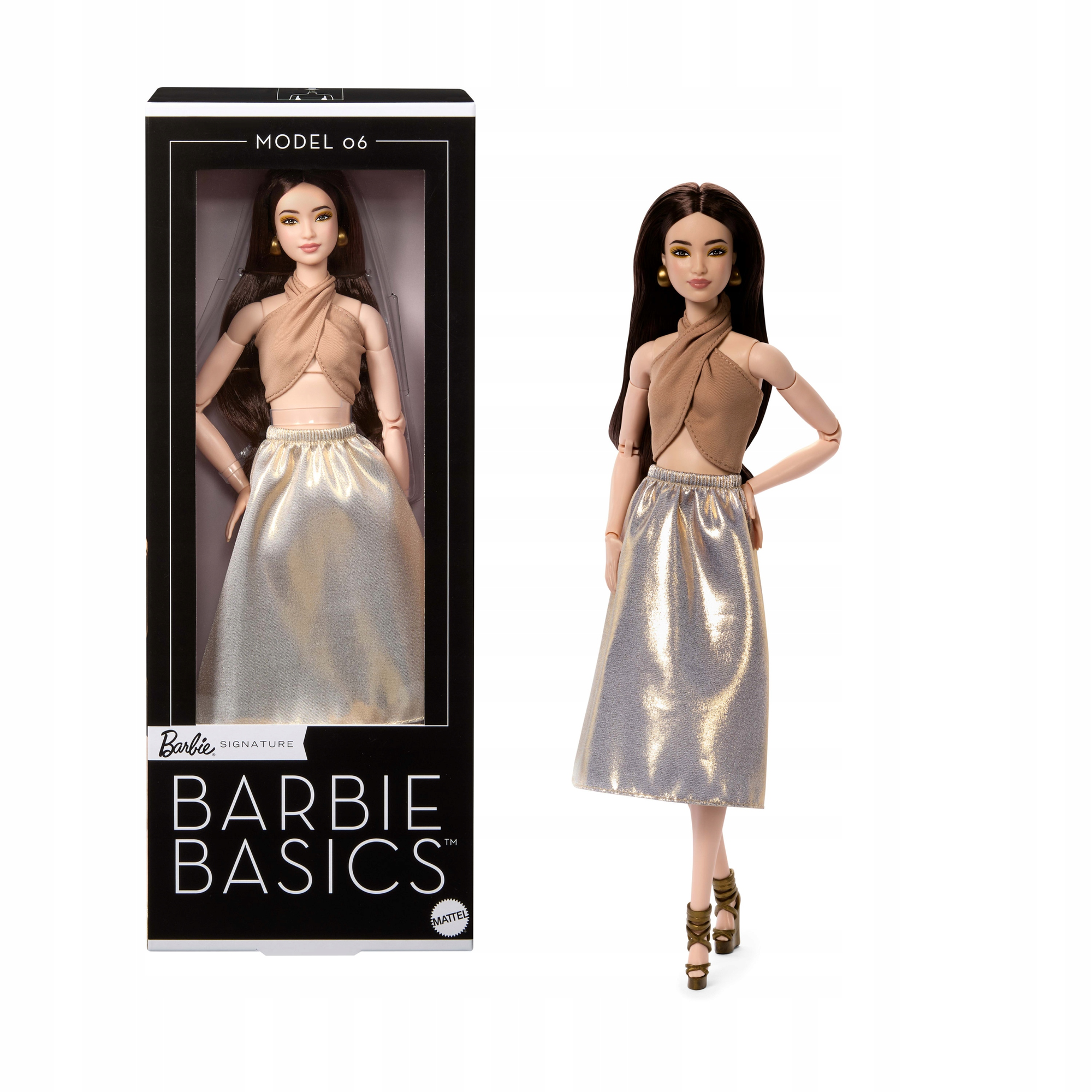 Кукла Mattel Barbie Basics Брюнетка в блестящей золотистой юбке и с бретелькой на шее JJX25, 29 см