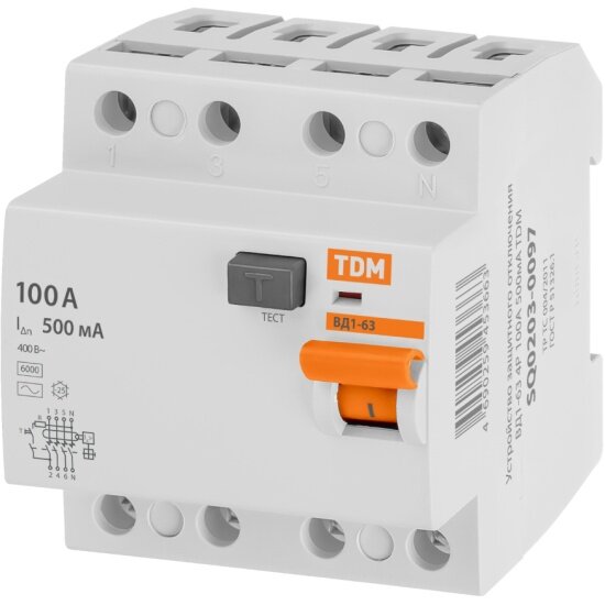 Устройство защитного отключения (УЗО) Tdm Electric ВД1-63 4Р 100А 500мА (SQ0203-0097)