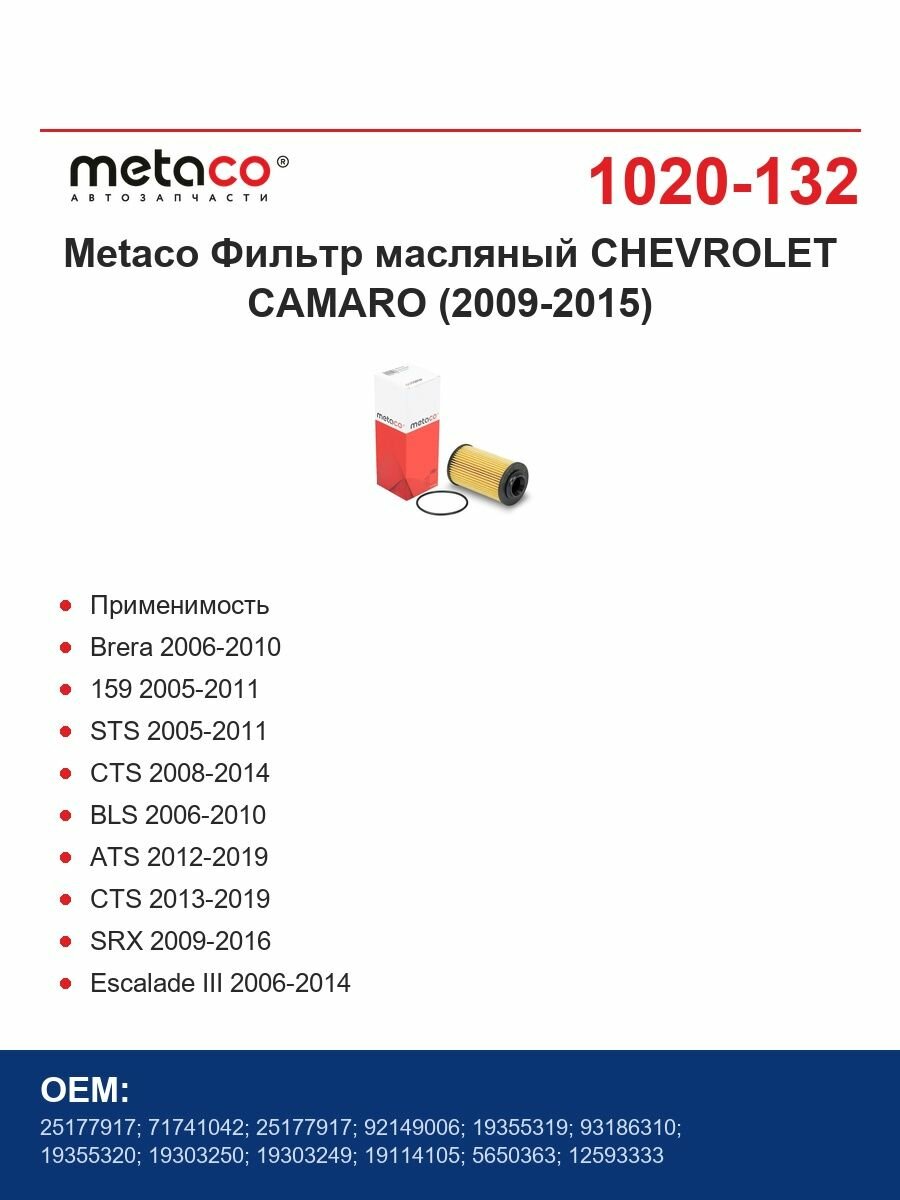 Metaco Фильтр масляный CHEVROLET CAMARO (2009-2015)