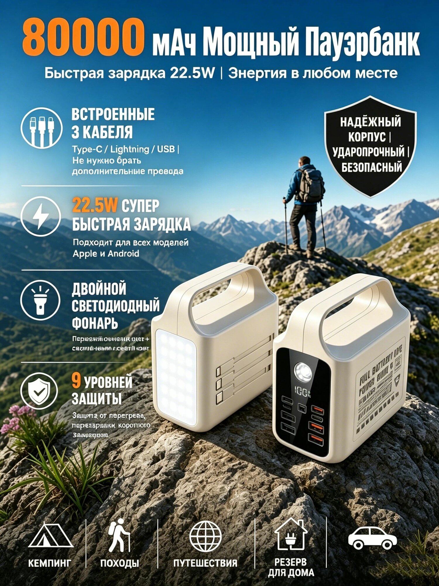 Пауэрбанк 80000 мАч с быстрой зарядкой 22.5Вт, внешний аккумулятор со встроенными кабелями и двойным светодиодным фонарем для кемпинга, путешествий и дома