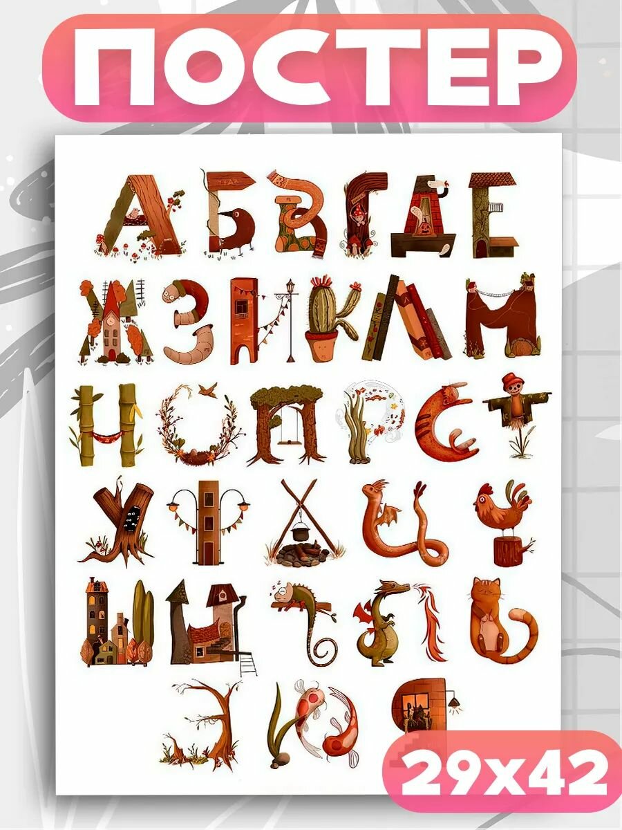 Постеры на стену в детскую комнату Алфавит, плакат 1шт, А3 размер.
