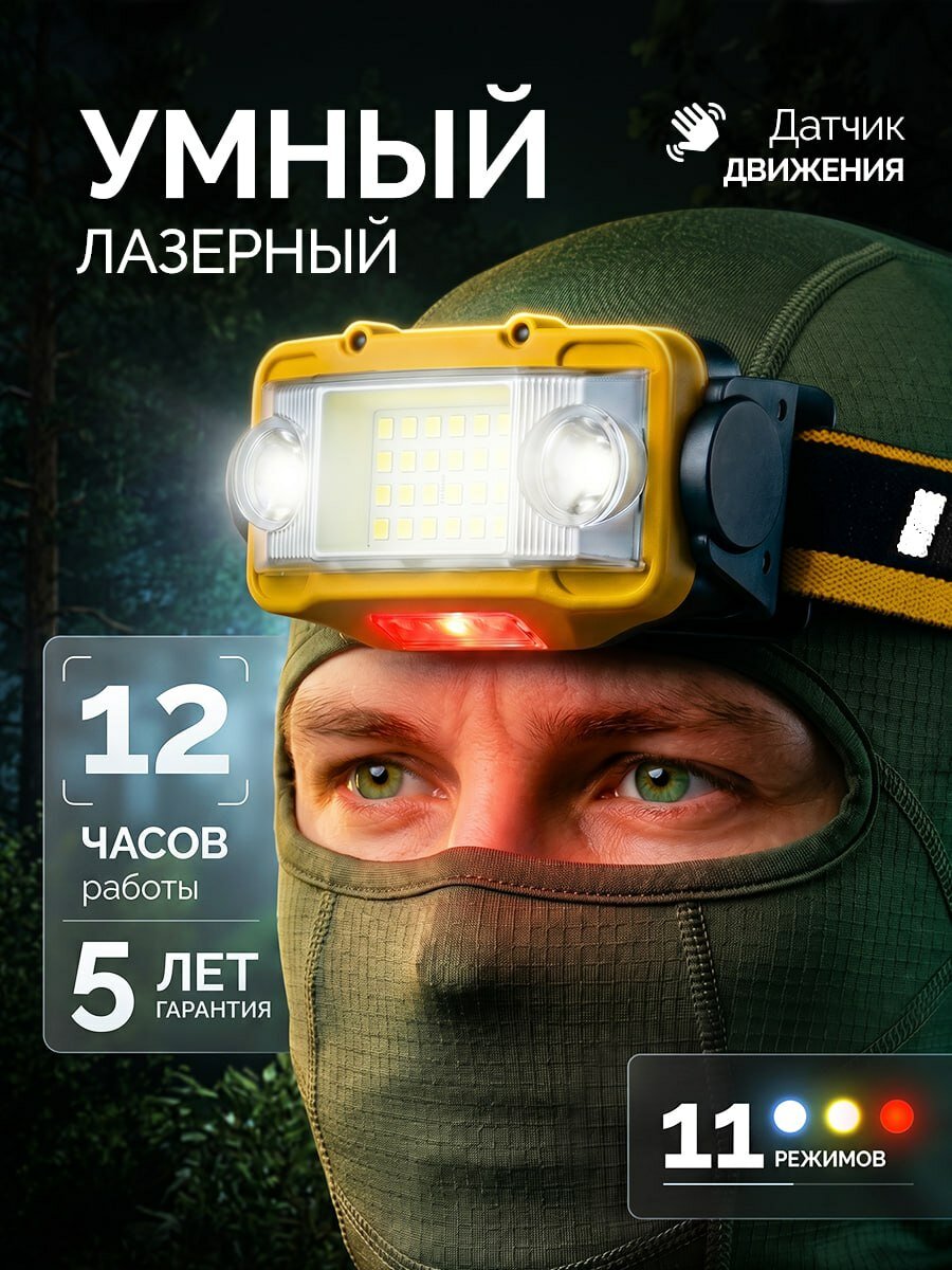 Умный налобный фонарь аккумуляторный, лазерный светодиодный, мощный подарок