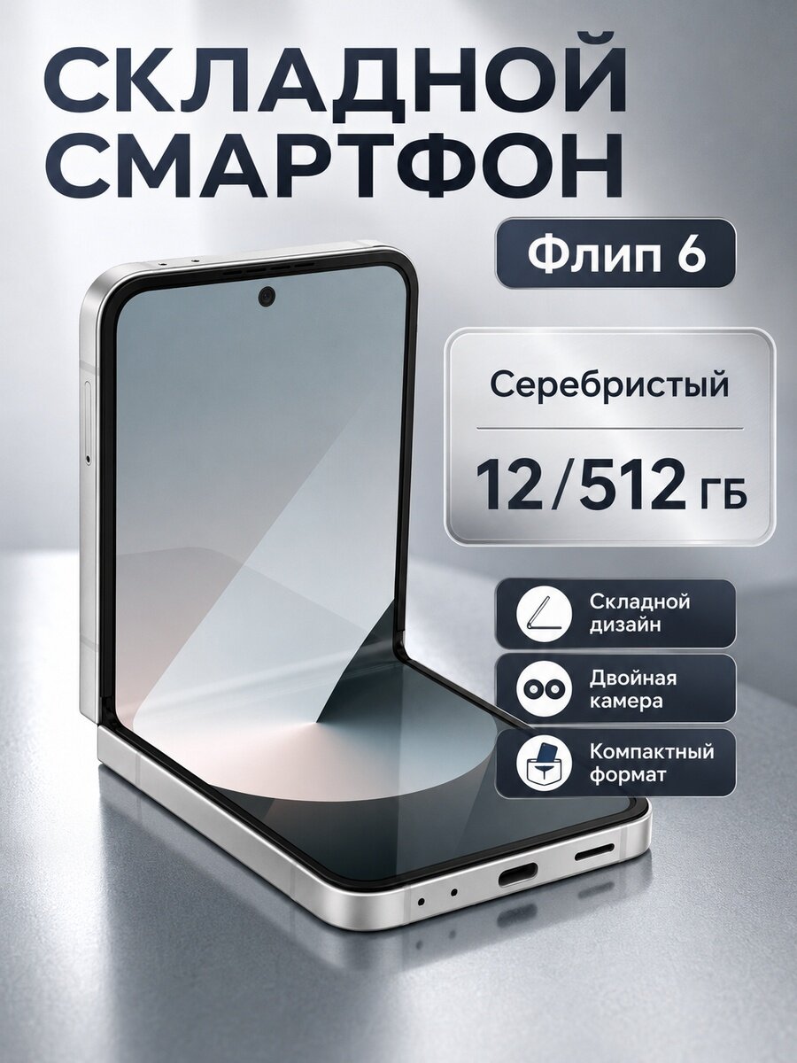 Samsung Galaxy Z Flip6 5G смартфон с поддержкой NFC, 512GB памяти, 12GB оперативной памяти, складный экран, серебряный