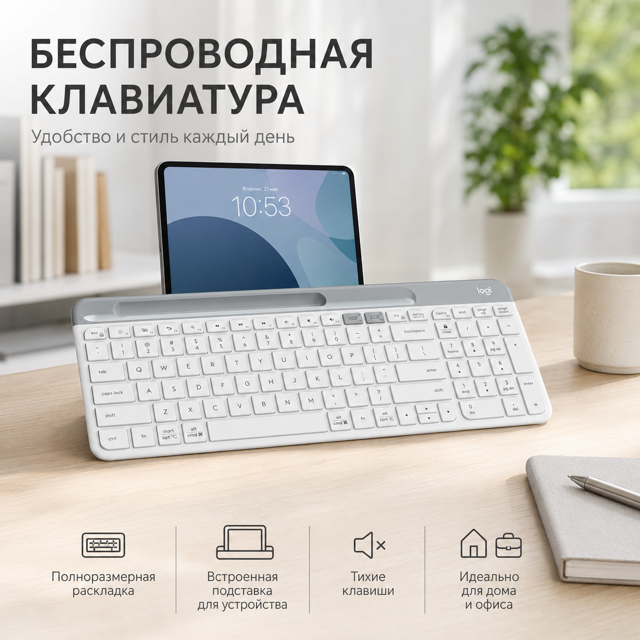 Многоустройственная беспроводная клавиатура с подставкой для планшета и телефона, полноразмерная раскладка, белый цвет