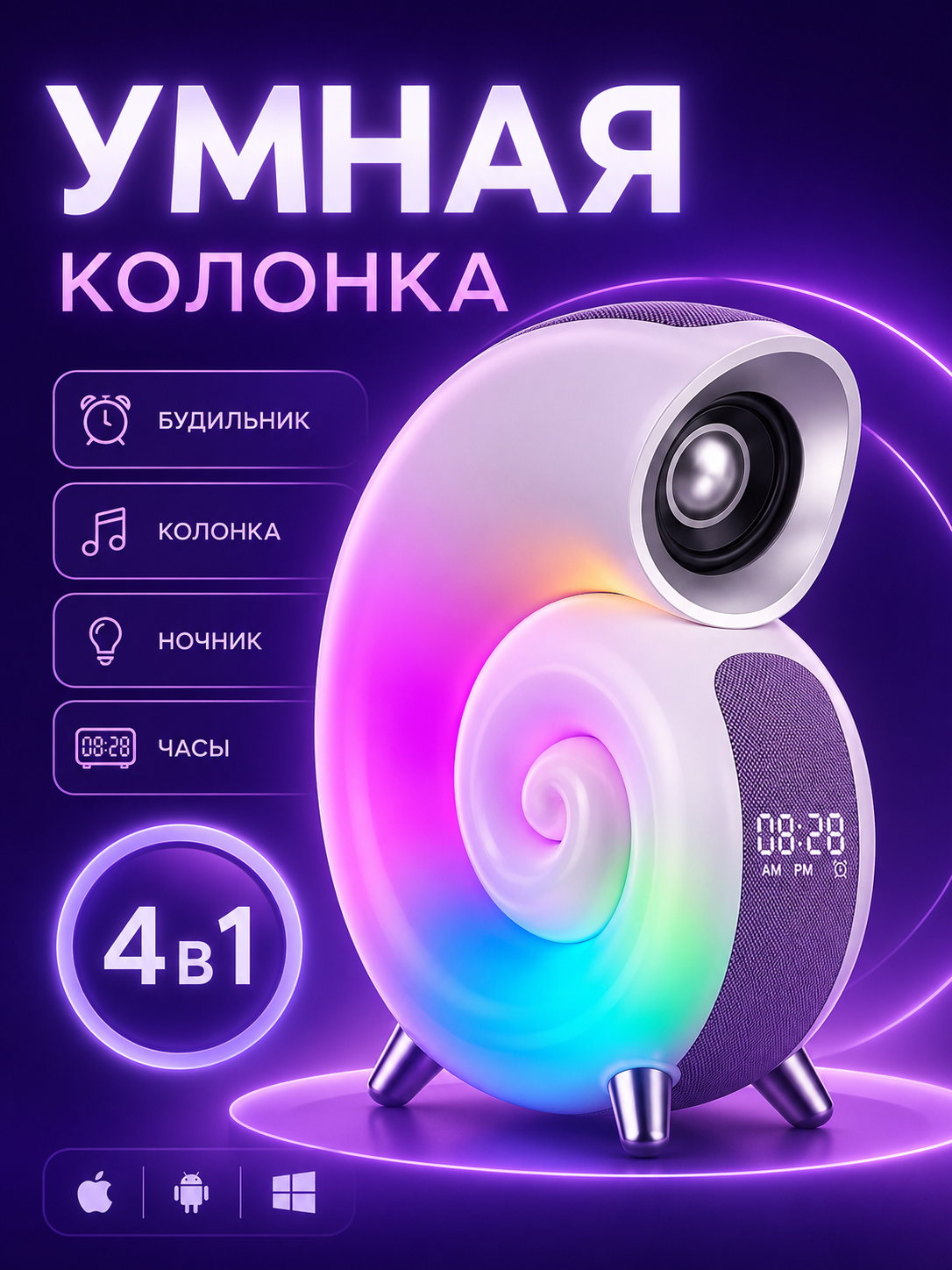 Умный светильник RGB Ночник Улитка с подсветкой, Часами, Будильником и Bluetooth колонкой, Белый