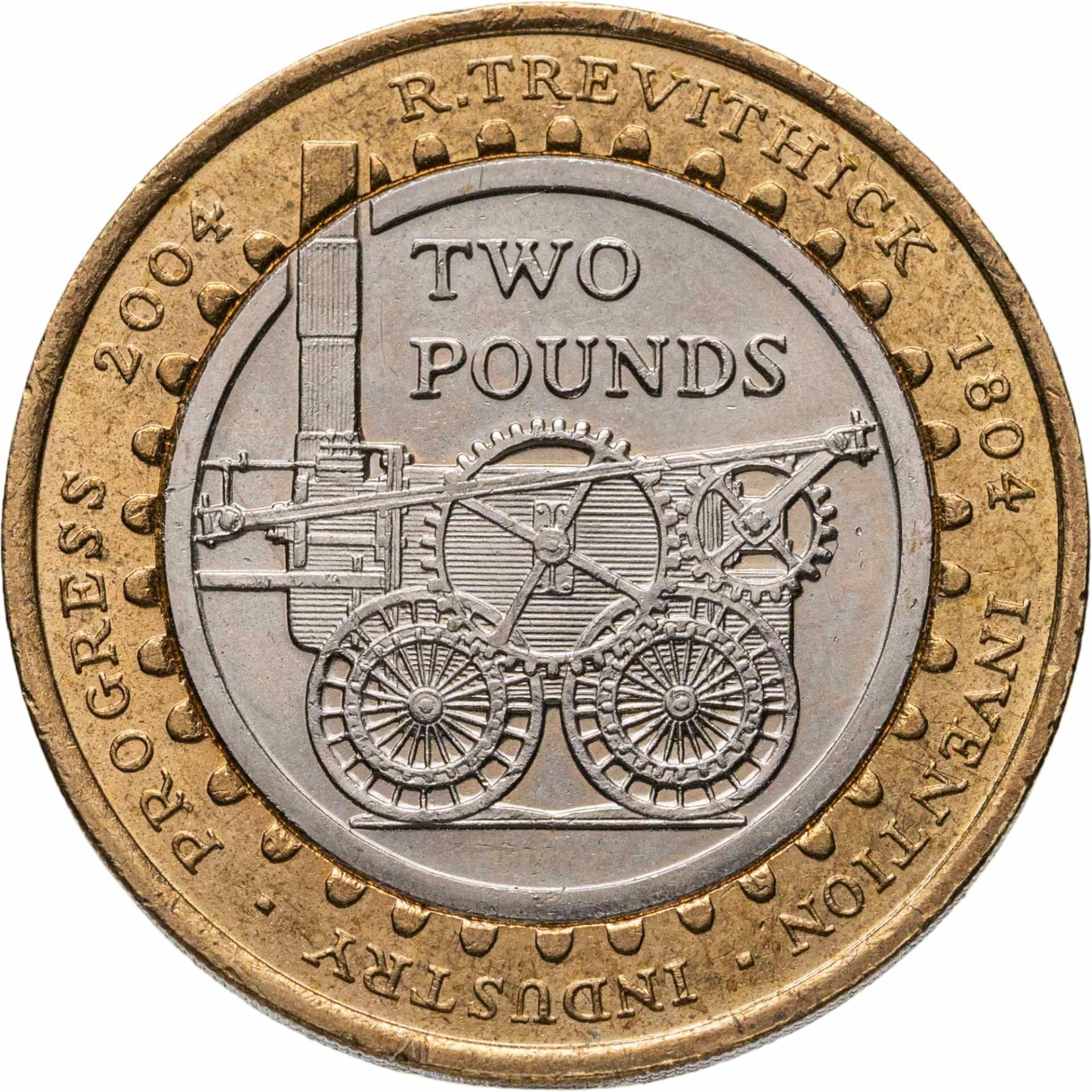 Великобритания 2 фунта pounds 2004 "200 лет первому паровозу Ричарда Тревесика", Биметалл, в сохранности XF-AU