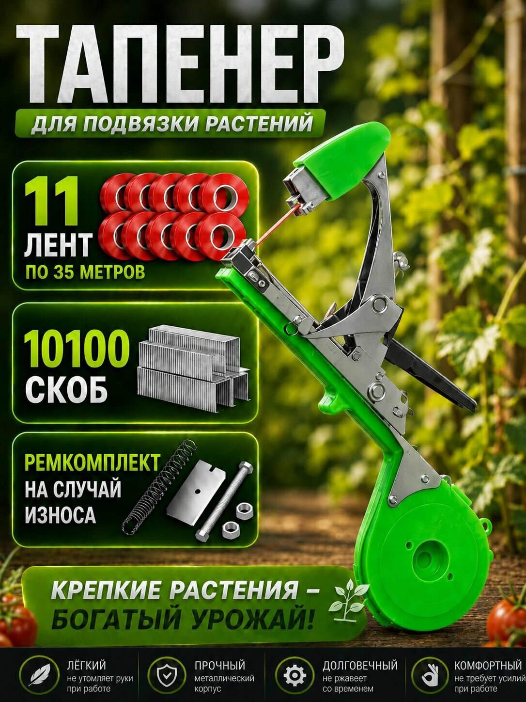Тапенер садовый для подвязки растений + 11 лент и 10100 скоб