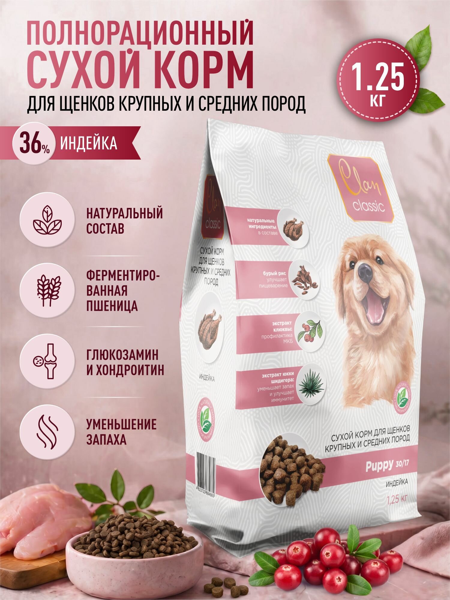 Корм для щенков крупных и средних сухой CLAN Classic Puppy 30/17, индейка, 1.25кг