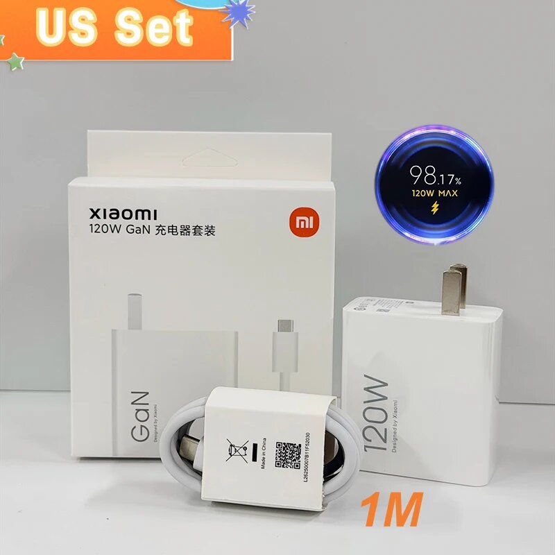 Оригинальное зарядное устройство Xiaomi 120W EU/US с турбо-быстрой зарядкой и кабелем Type-C для Mi 17, 17T, 17 Pro, 15, 14 Pro, 13, 12T, 11, POCO F7, X7, F8, Redmi