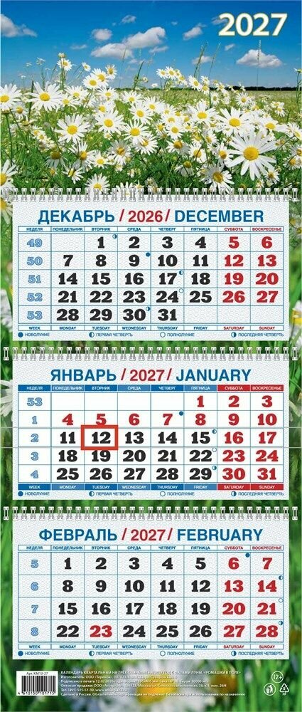 Календарь квартальный настенный 3-х блочный "Ромашки в поле" 2027г. (КМ13-27)