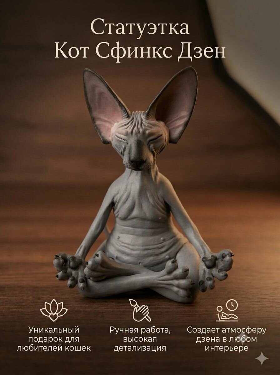 Статуэтка Кот Сфинкс в позе лотоса декоративная для медитации и йоги, фигурка интерьерная для дома и офиса, подарок кошатникуСтатуэтка влюбленные