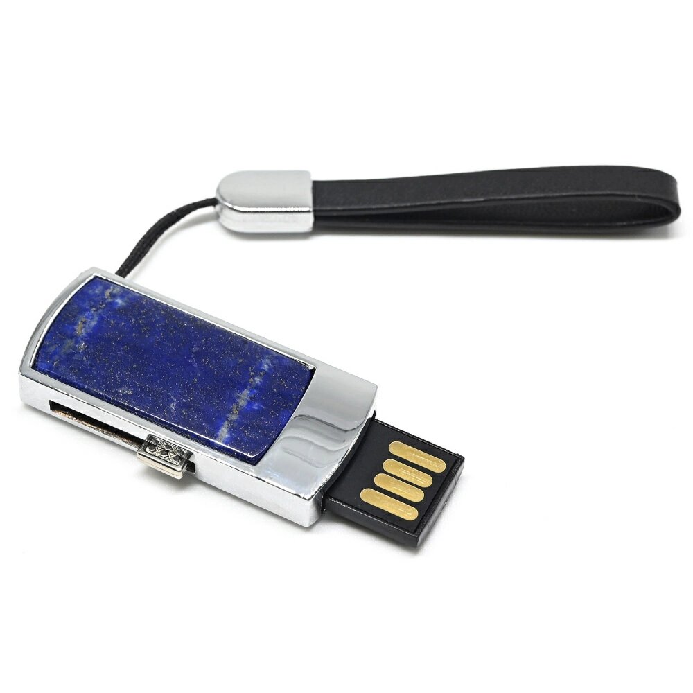 Флеш карта USB с камнем лазурит афганский, 64GB, серебристая.