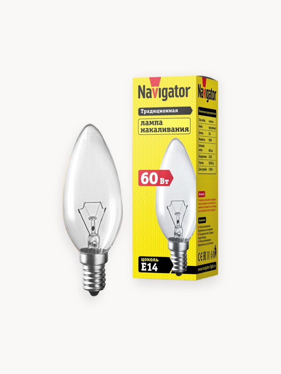 Лампа накаливания Navigator 94 304 NI-B, 60 Вт, свеча, Е14, упаковка 10 шт.