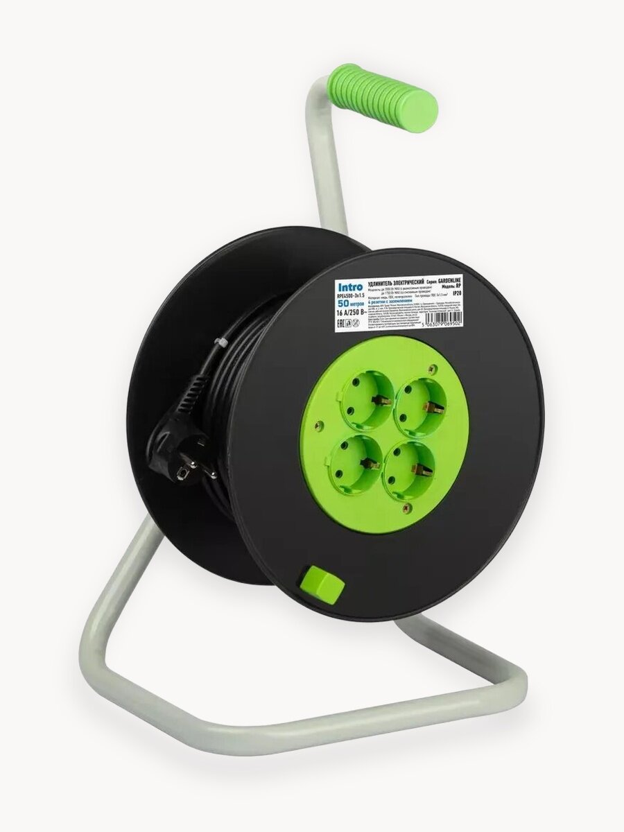Удлинитель электрический на катушке 50 метров 4 розетки c заземлением ПВС 3х1,5мм2 силовой Intro