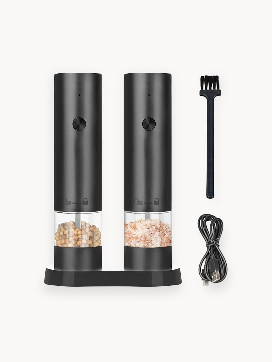 Набор электрических мельниц, черный, пластик, для перца и соли, 2 шт