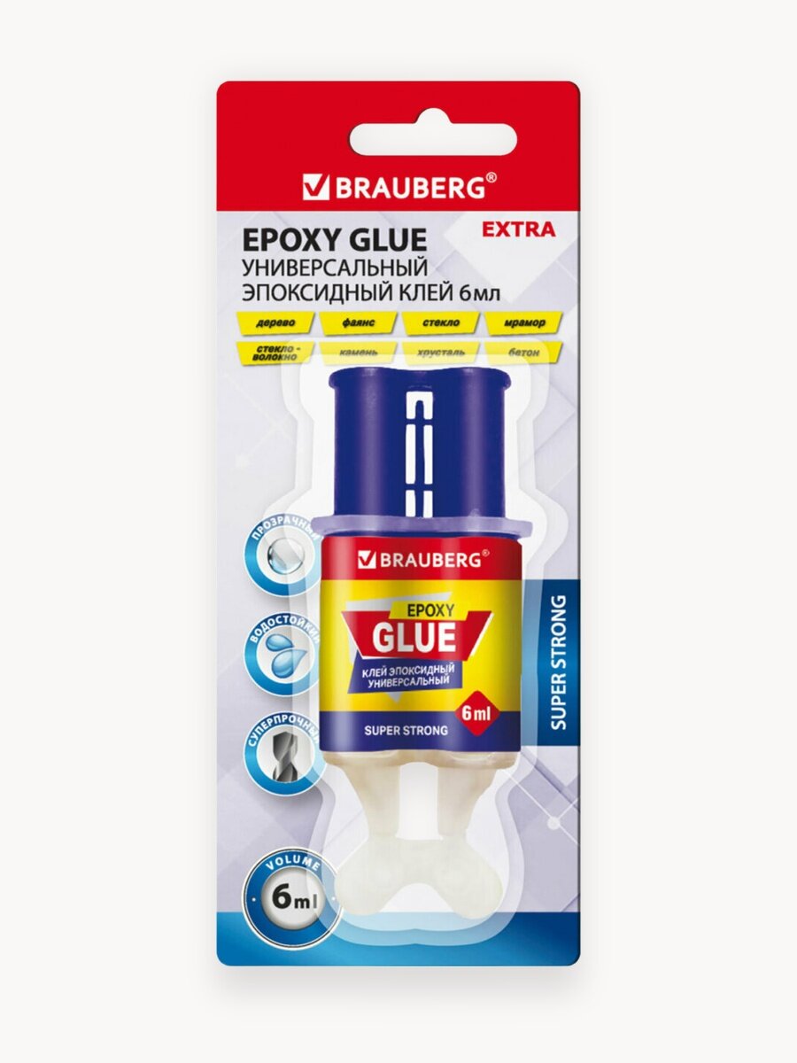 Эпоксидный клей двухкомпонентный универсальный, шприц (смола+отвердитель) 3+3 мл суперпрочный, Brauberg 608104