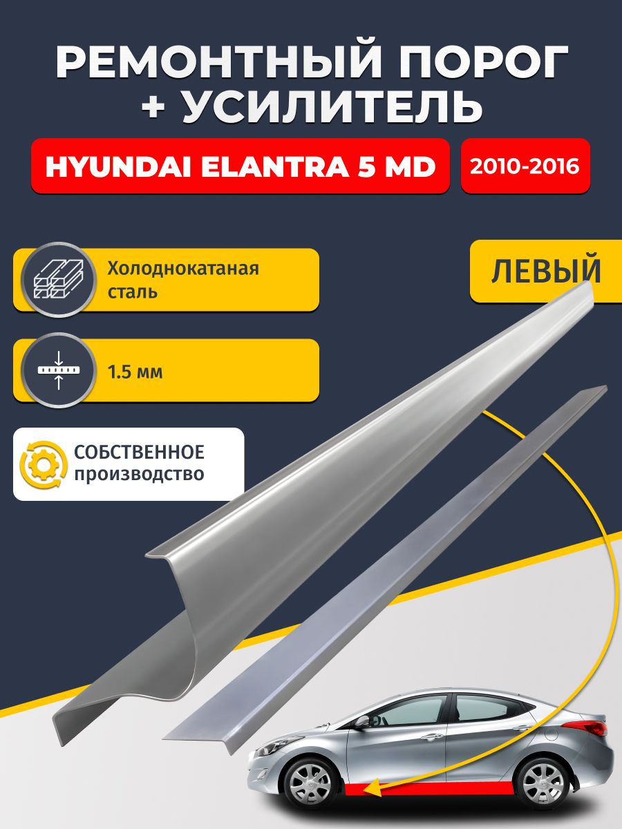 Левый порог + усилитель из холоднокатаной стали 1,5 мм, на Hyundai Elantra 5 MD 2010-2016 седан (Элантра МД). Кузовной ремонт.