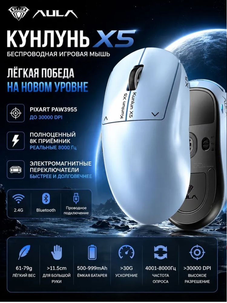 AULA KUNLUN X5 Игровая мышь, беспроводное трехрежимное подключение, электромагнитный фреттинг