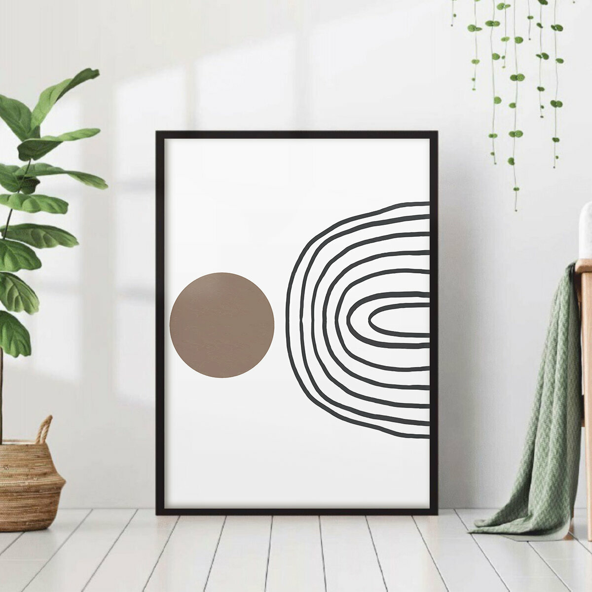 Постер "Абстракция минимализм круг и линии" 50x70 в черной рамке на стену для интерьера