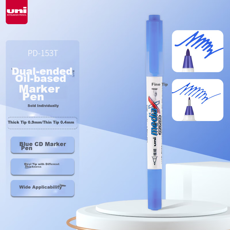 Mitsubishi (Uni) PD-153T Dual-Tip Pen (Fine 0.4mm/thick 0.9mm) Office Quick-Drying Marker Pen, Blue, Single Pack