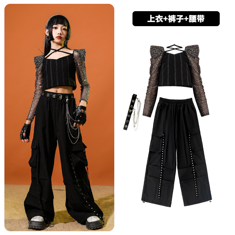 Костюм для джазовых танцев "Звездные подиумы", для девочек, черный, с длинными рукавами