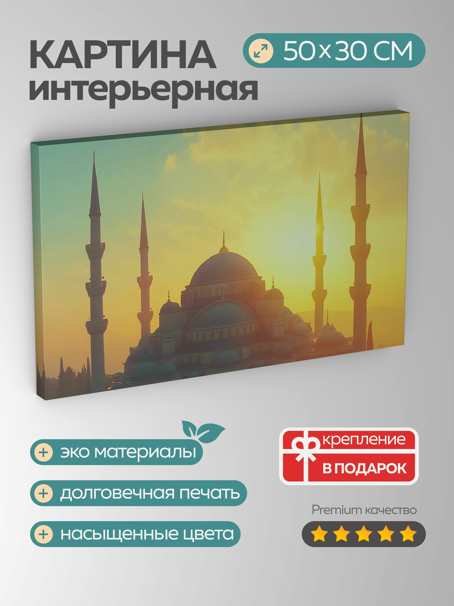 Картина на холсте интерьерная 50х30 см, Голубая мечеть, Стамбул, закат, золотистый свет, купола, минарет, небо