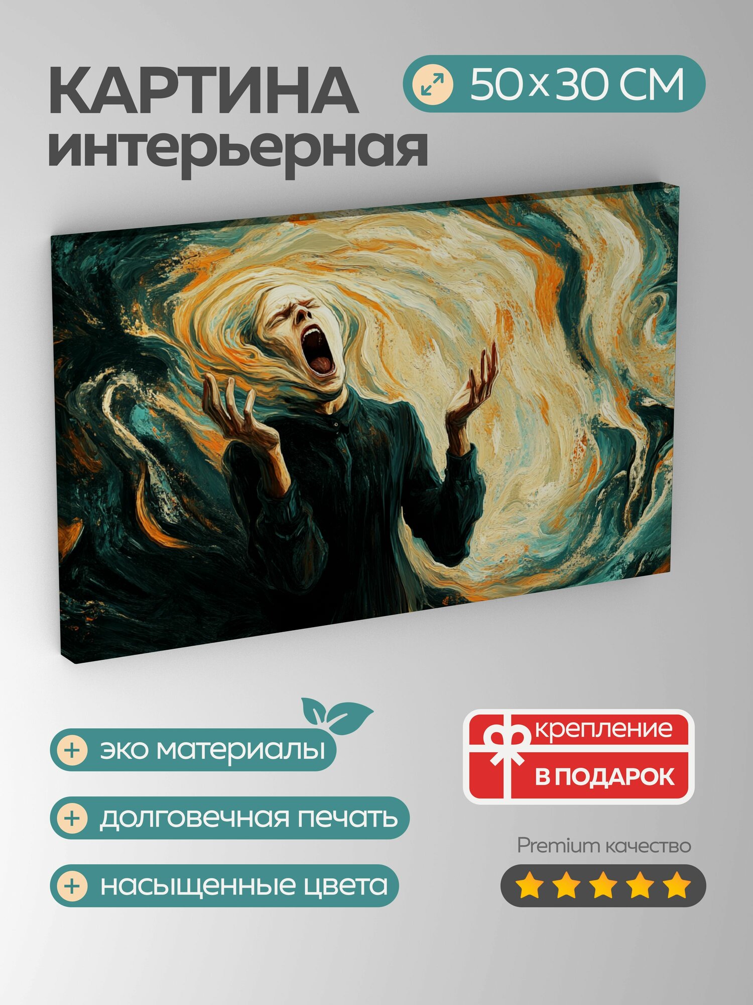 Картина на холсте интерьерная 50х30 см, Ван Гог, цифровое искусство, мучительный крик, человек, внутреннее смятение