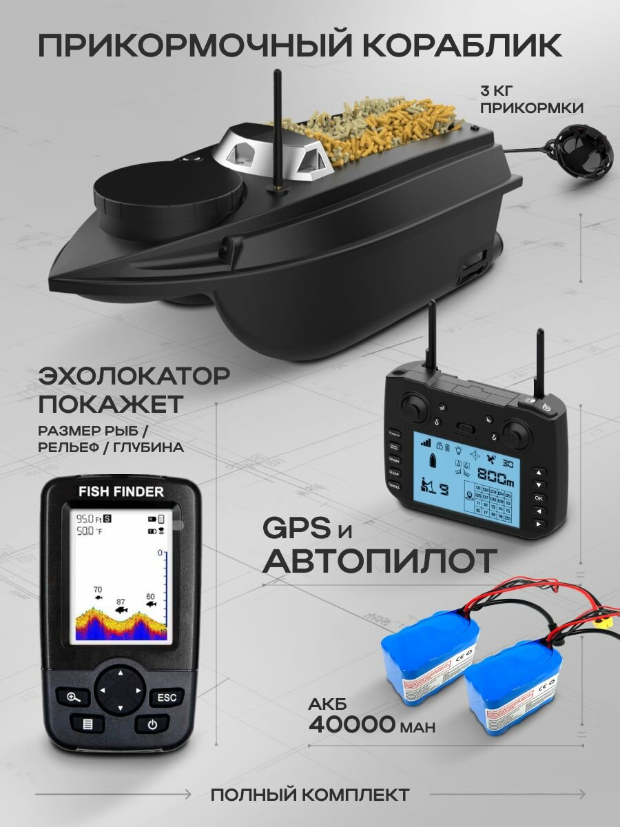 Лодка для прикорма с GPS, эхолот и дистанционным управлением, аккумулятор 40000 мАч