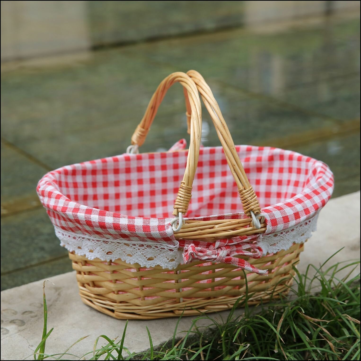 Плетеная Пикниковая Корзина, Ивовая Плетеная Переносная Корзина Для Пикников(маленький коричневый) (красный чек)