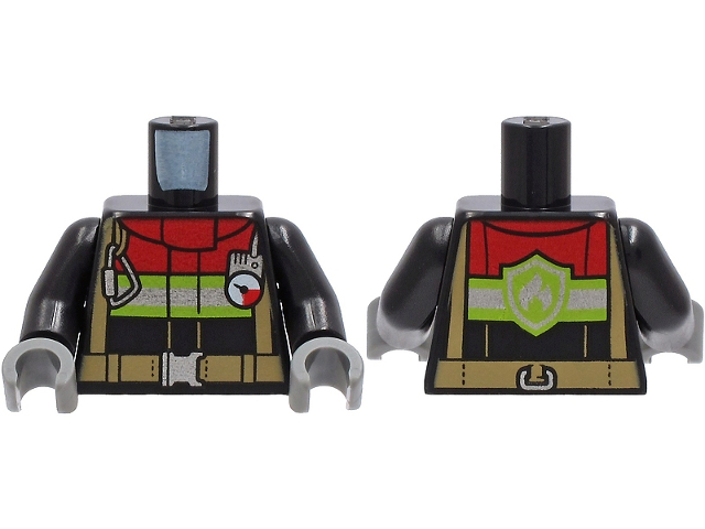 Torso Fire Jacket with Red Collar, Silver and Lime Reflective Stripes, Dark Tan Harness and Belt, Carabiner, and Gauge Pattern / Black Arms / Dark Bluish Gray Hands, 973pb4114c01 Black U