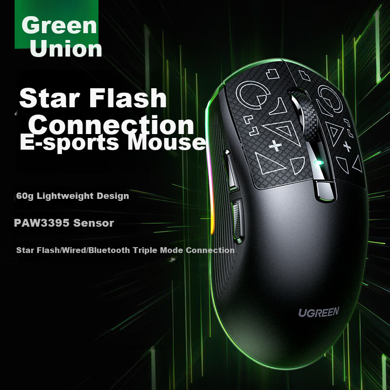 UGREEN G908 Starlight Mouse Gaming Esports Lightweight Mouse Wireless Bluetooth Wired Three-mode Office Mouse PAW3395 8K Return Rate [Starlight Technology]