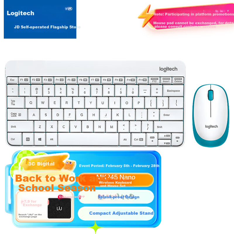Logitech MK245 Nano Wireless Keyboard and Mouse Combo Office Keyboard and Mouse Set Compact Adjustable Stand with Wireless 2.4G Receiver White