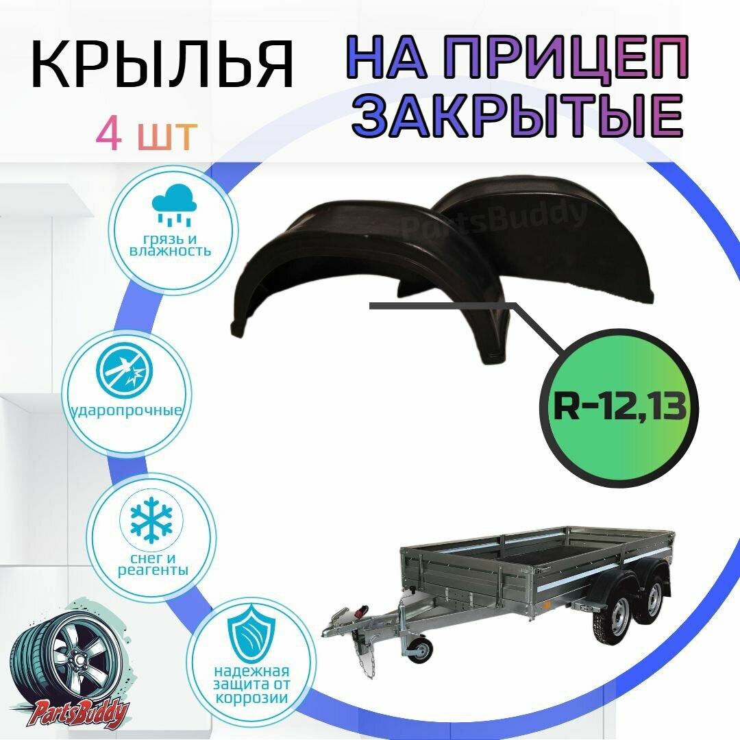 Крылья закрытые для легкового, бортового, лодочного прицепа 4 шт, радиус R12/13 / Локеры / Защита крыльев / Защита колесных арок
