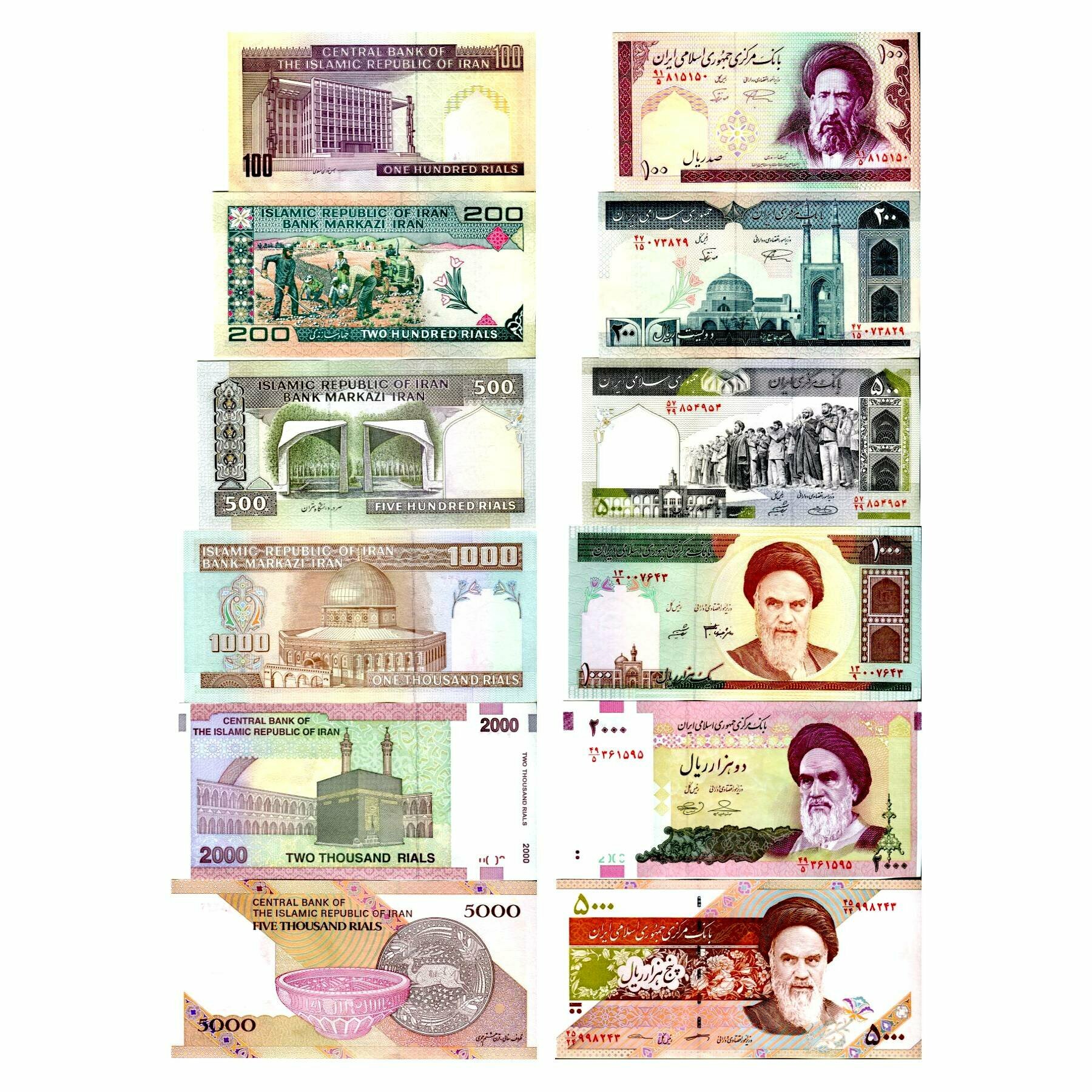 Набор банкнот Иран 100, 200, 500, 1000, 2000, 5000 риалов 1985-2018г