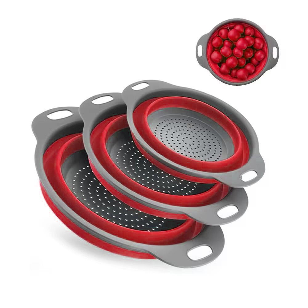 Дуршлаг комплект (3шт) складной, силиконовый для промывки круп, макарон, риса, овощей, фруктов, ягод, зелени, красный