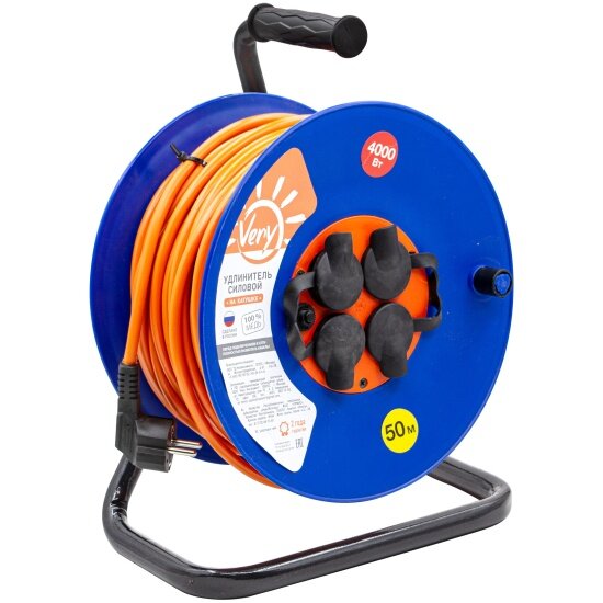 Very Удлинитель силовой на катушке 4 розетки, IP44, ПВС 3x2,5мм, 16А, 3,7кВт, с/з, термозащита, 50м 89-0-167