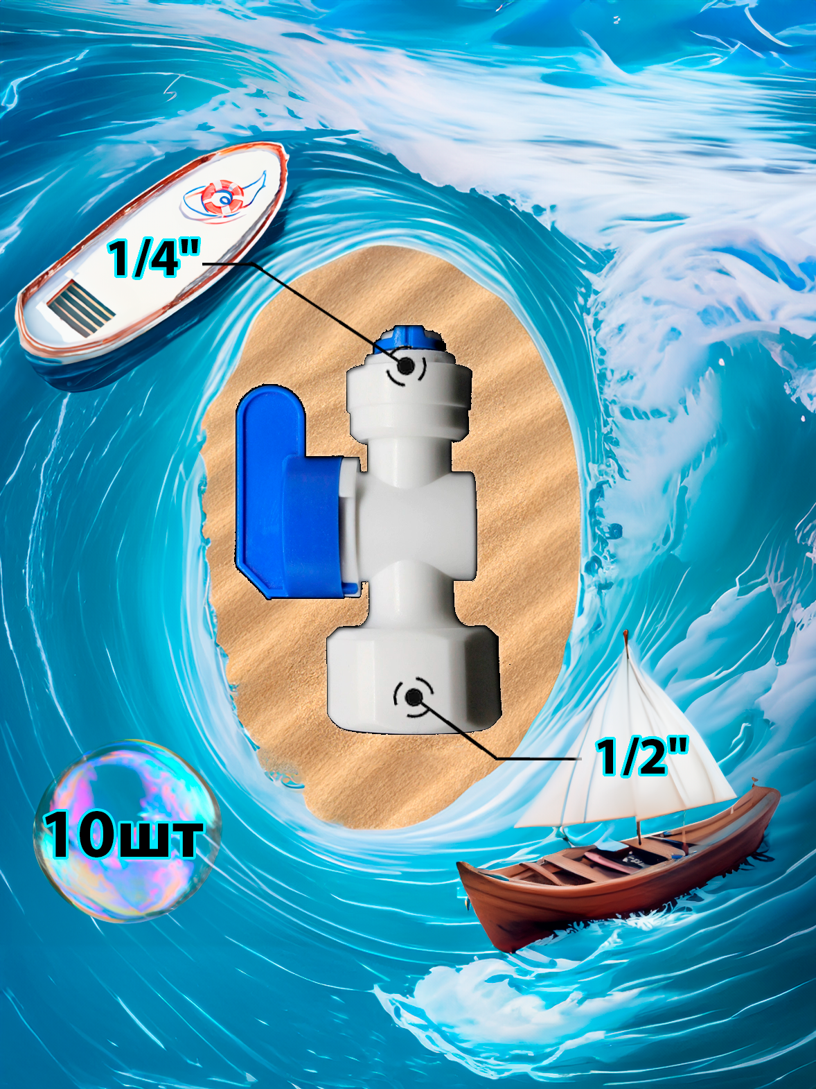 Кран переходник прямой 1/4" трубка - 1/2" внутренняя резьба (фитинги съемные для осмоса и фильтра) 10шт.