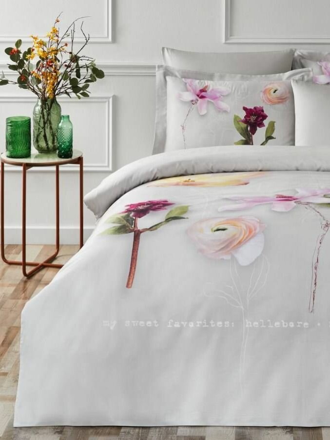 Постельное белье Tivolyo Home FLORIS серый сатин люкс евро