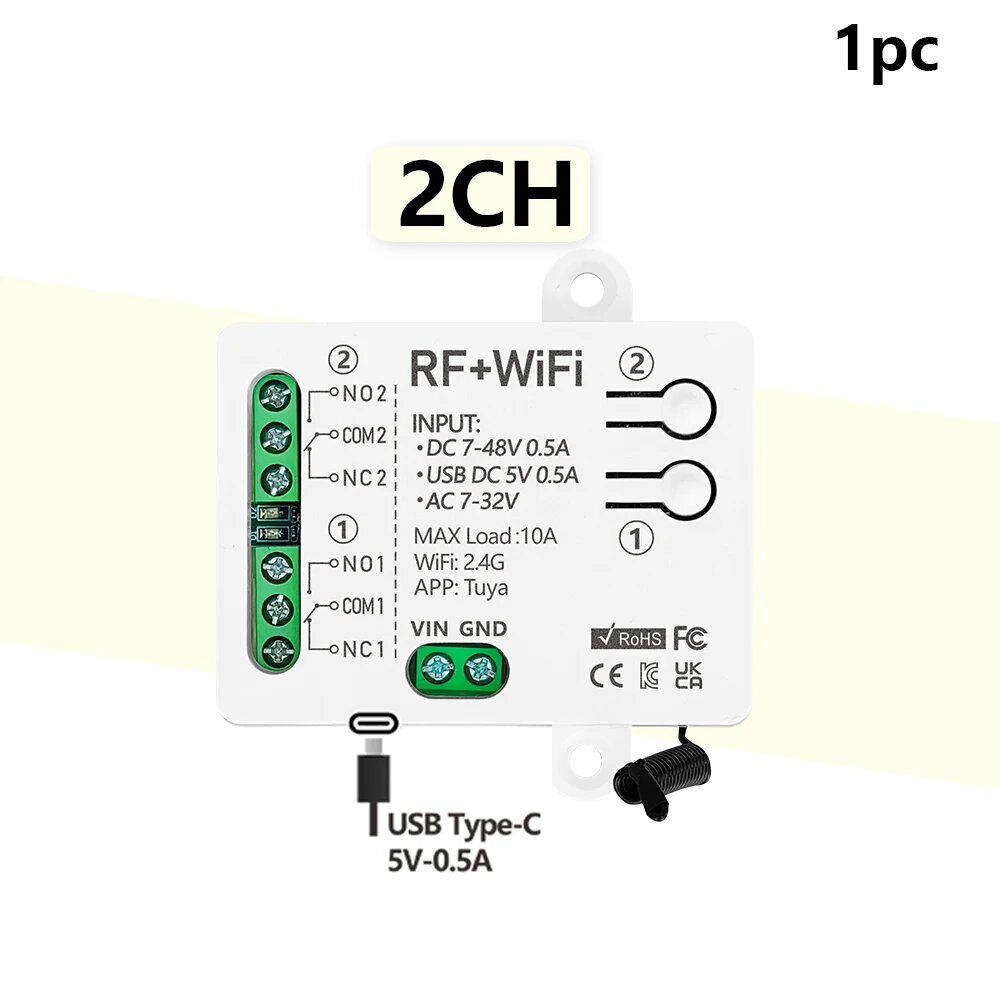 2CH RF+WiFi Модуль реле Tuya 7-48V 10A