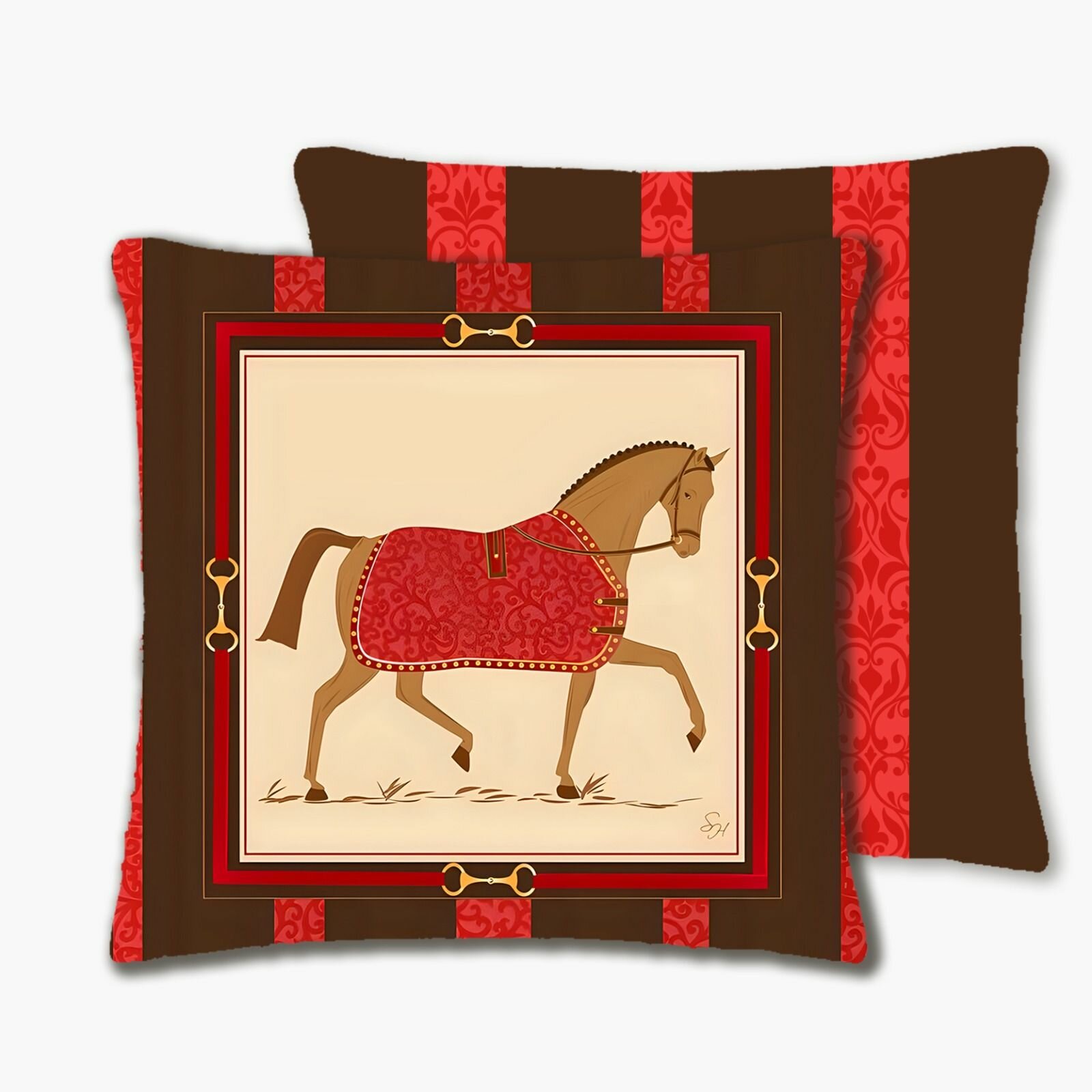 Декоративная подушка для сада и улицы Конь шоколадно-малиновая полоска 45х45 Оксфорд 600D рисунок с двух сторон новый год рождество