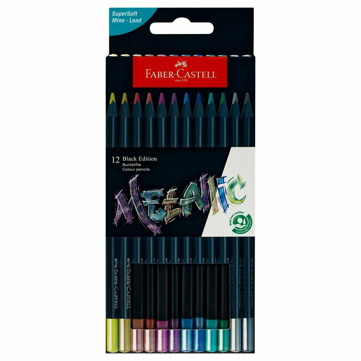 Карандаши цветные Faber-Castell "Black Edition", 12цв, металлик, трехгран, черное дерево, заточен, картон 116415