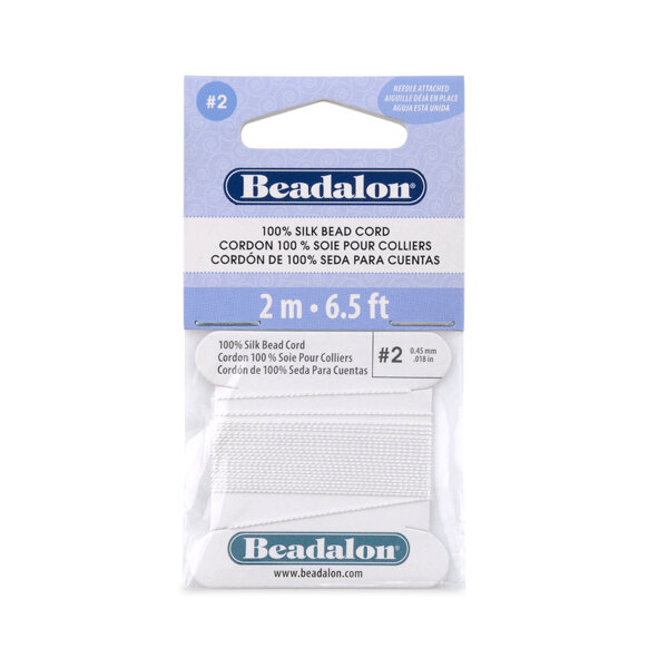 Нить шелковая, Beadalon No.2 (0.45мм), белая, с иглой, моток, 2 метра