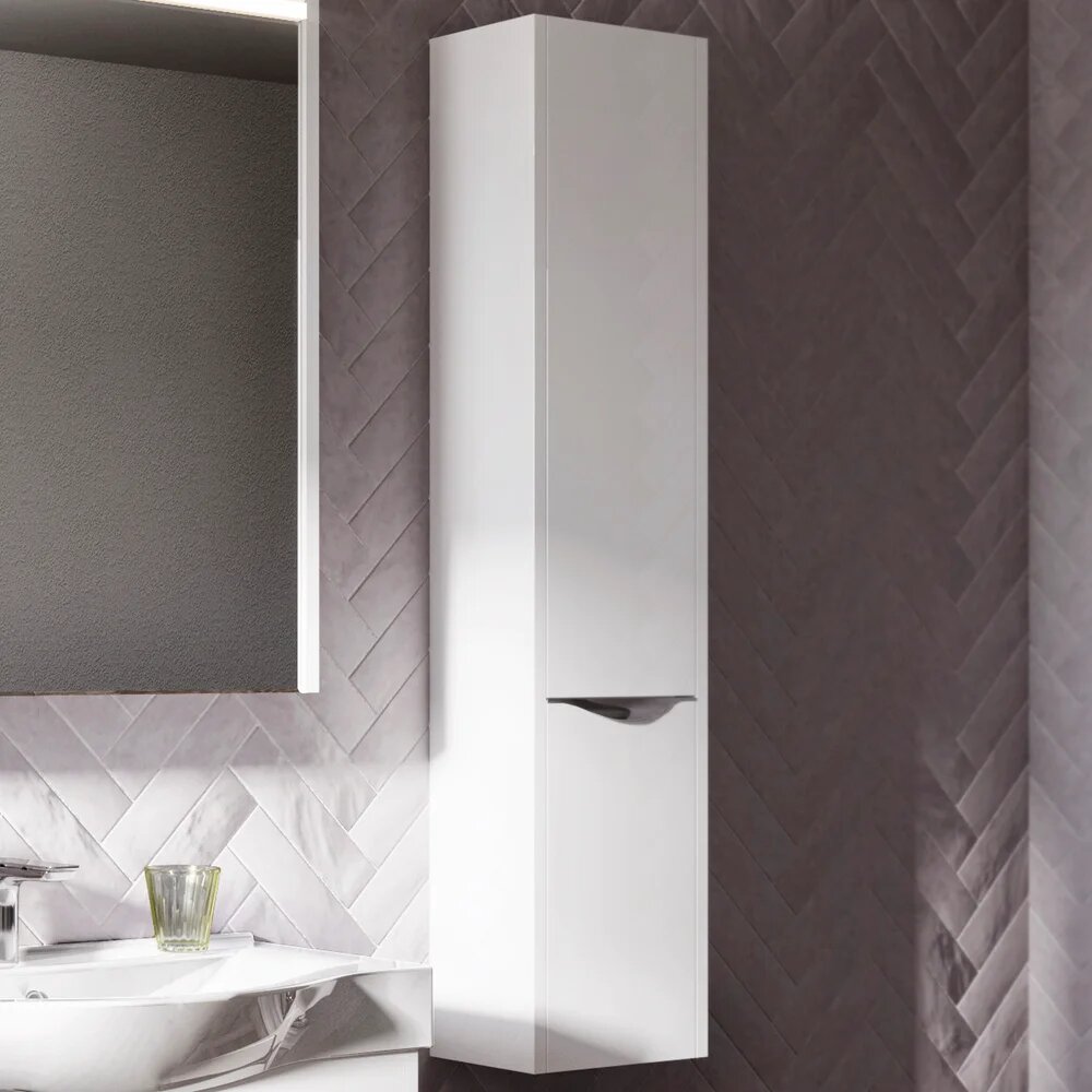 Шкаф-пенал для ванной STWORKI Хельсинки R подвесной, 30 см, белый, глянцевый, с дверками, из МДФ, фурнитура хром